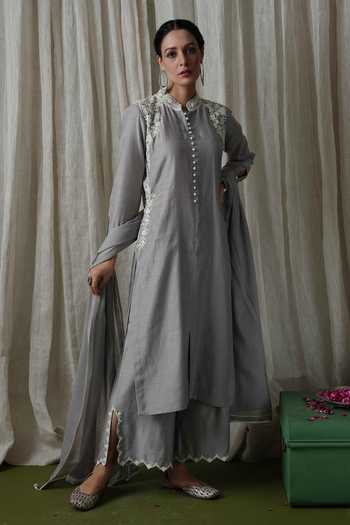 Buy Grey : Chanderi Silk Embroidered Pearl Band Palazzo Set For Women ...