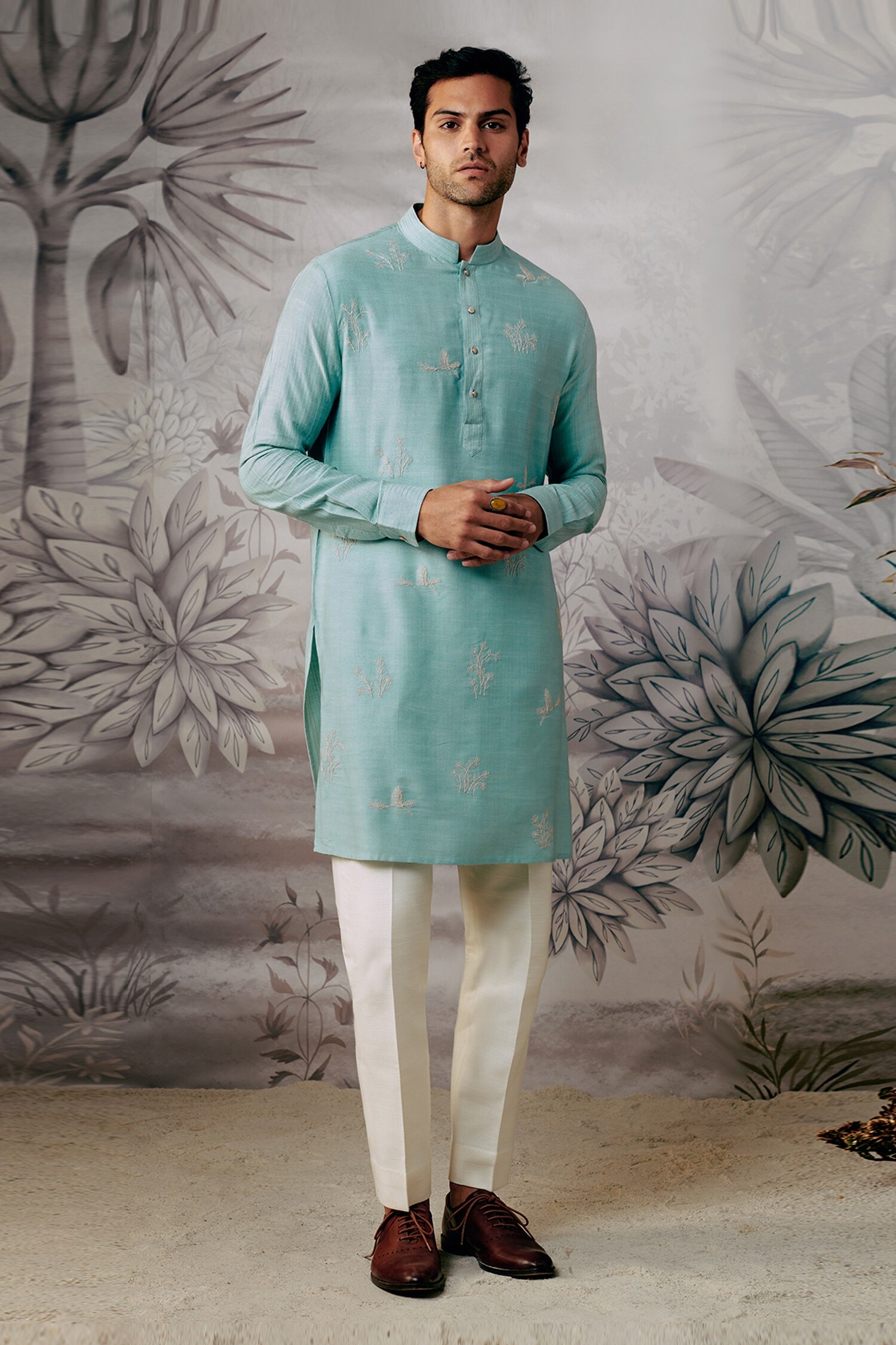 Buy Blue Cotton Silk Blend Embroidered Bird Panchi Kurta For Men by ...