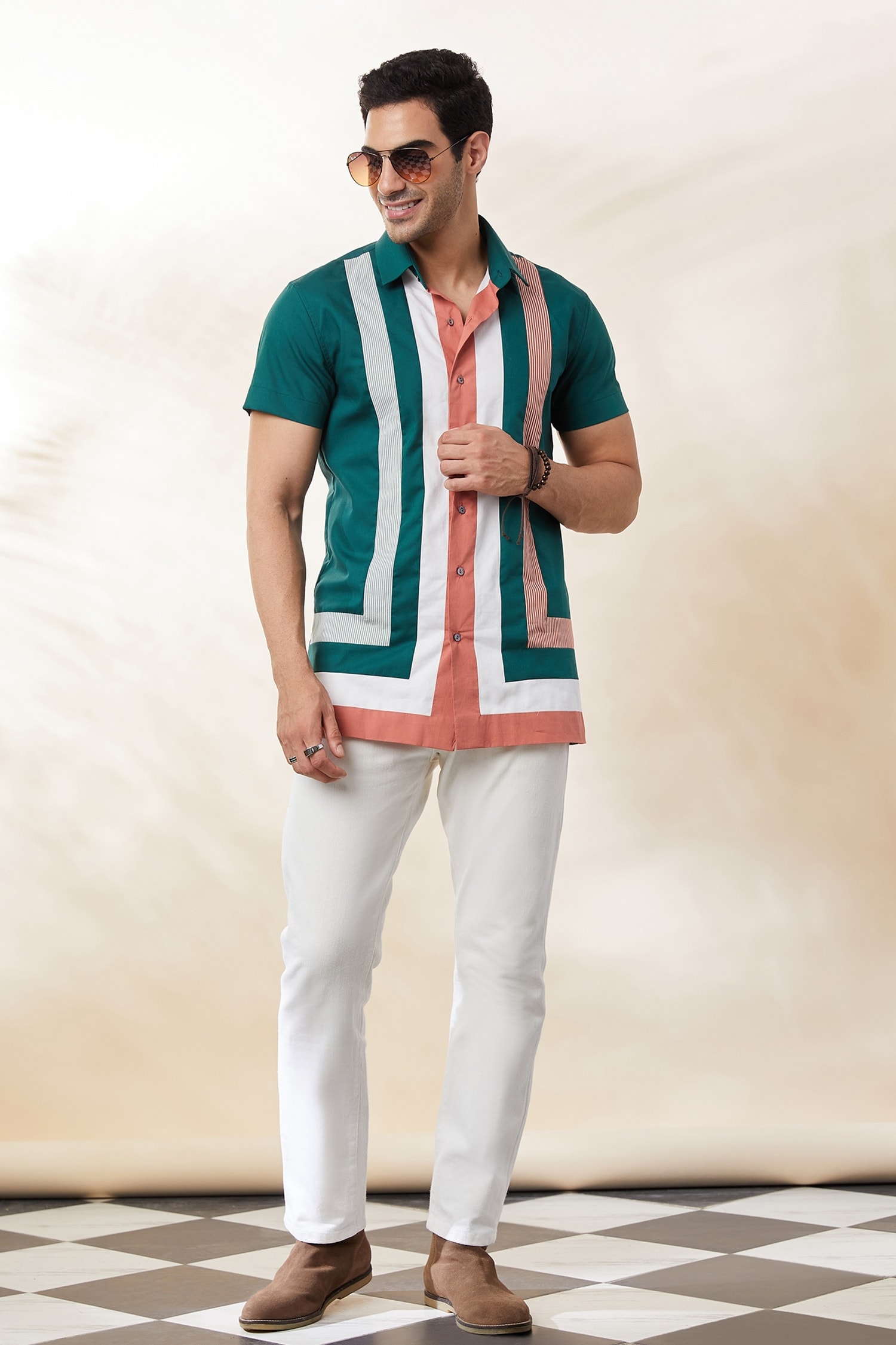 Buy Seven Green The Og Contrast Panel Shirt Online | Aza Fashions