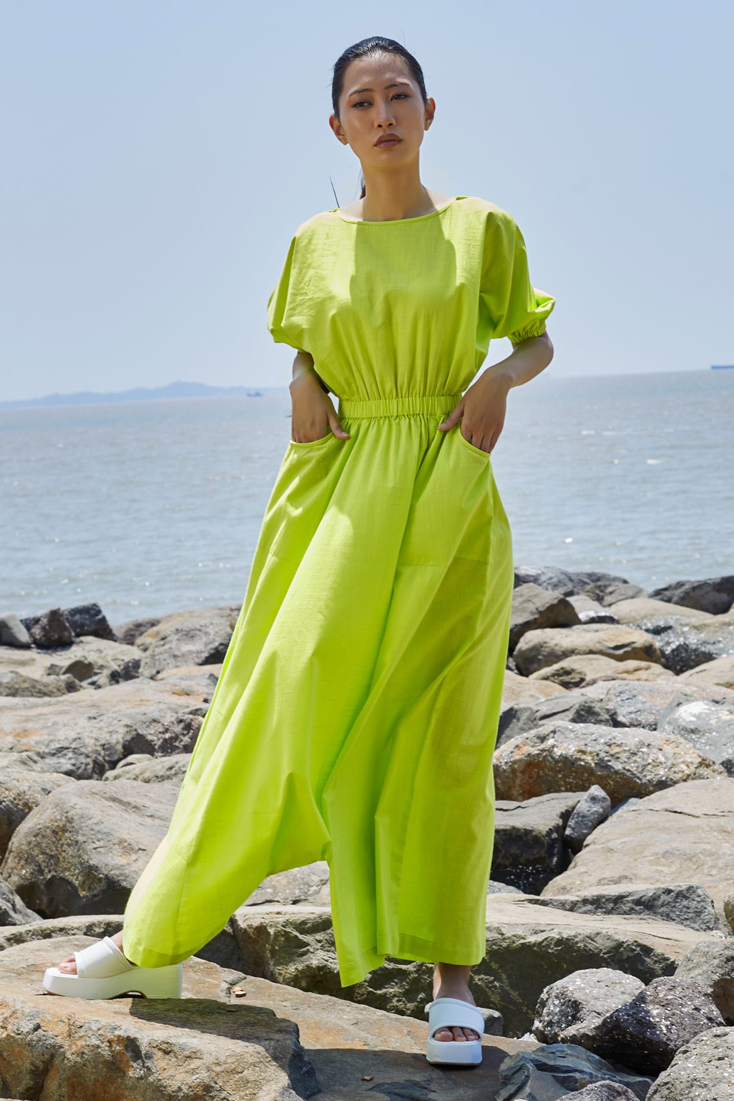 Buy Green 100% Cotton Plain Round Sphara Neon Jumpsuit For Women by ...