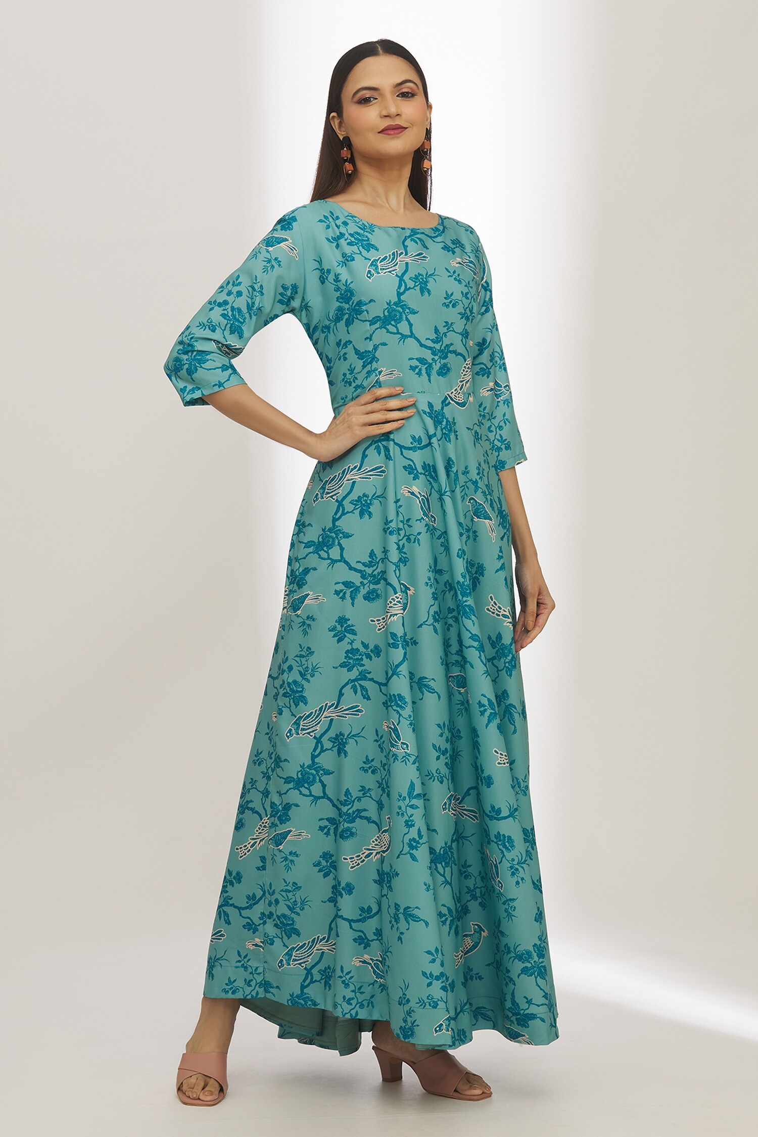 Buy Blue Printed Floral And Bird Boat Neck & Flared Tunic For Women by ...