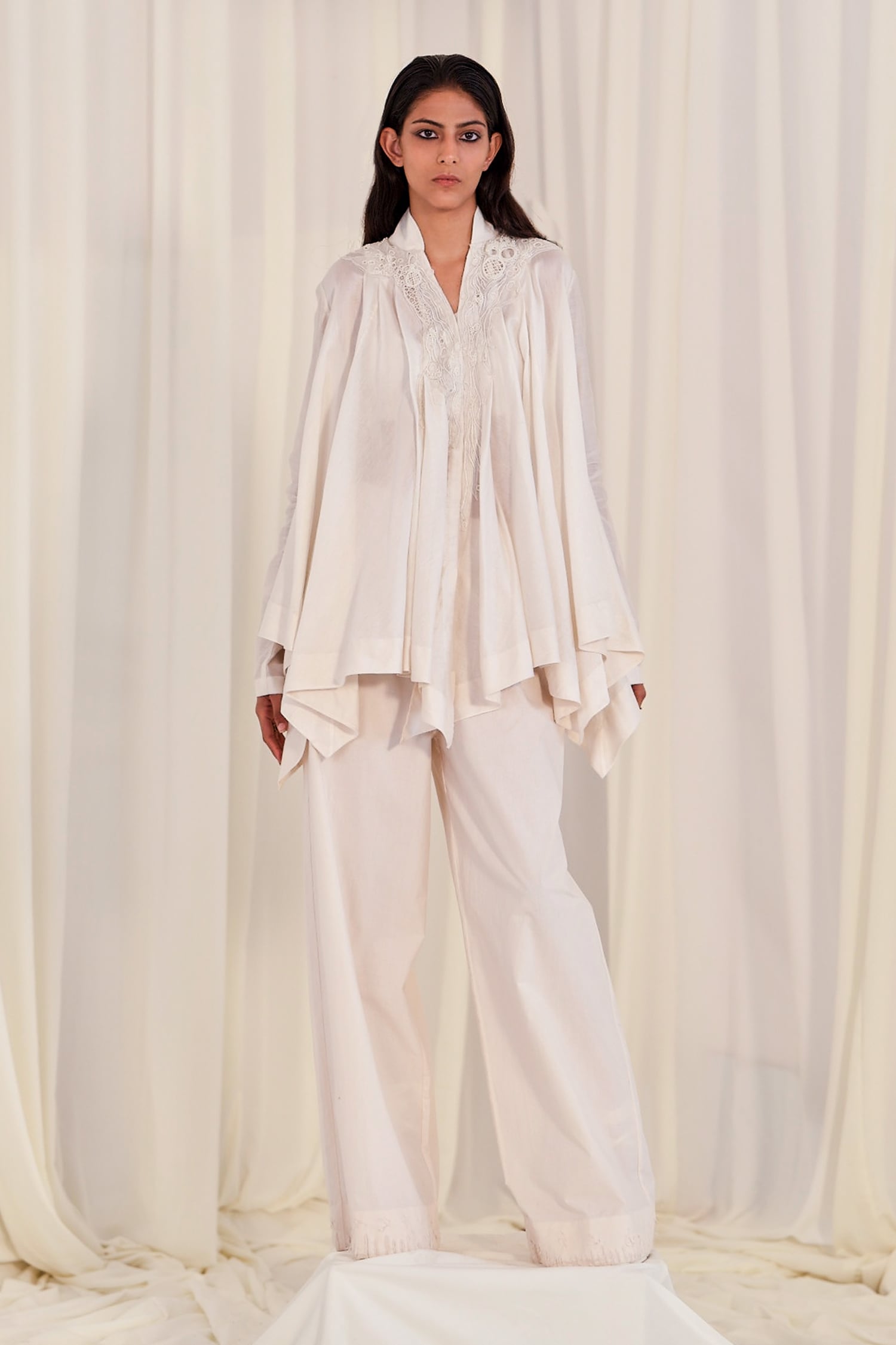 Buy White Cotton Embroidered Thread Top : V Neck Broad Pant Set For ...