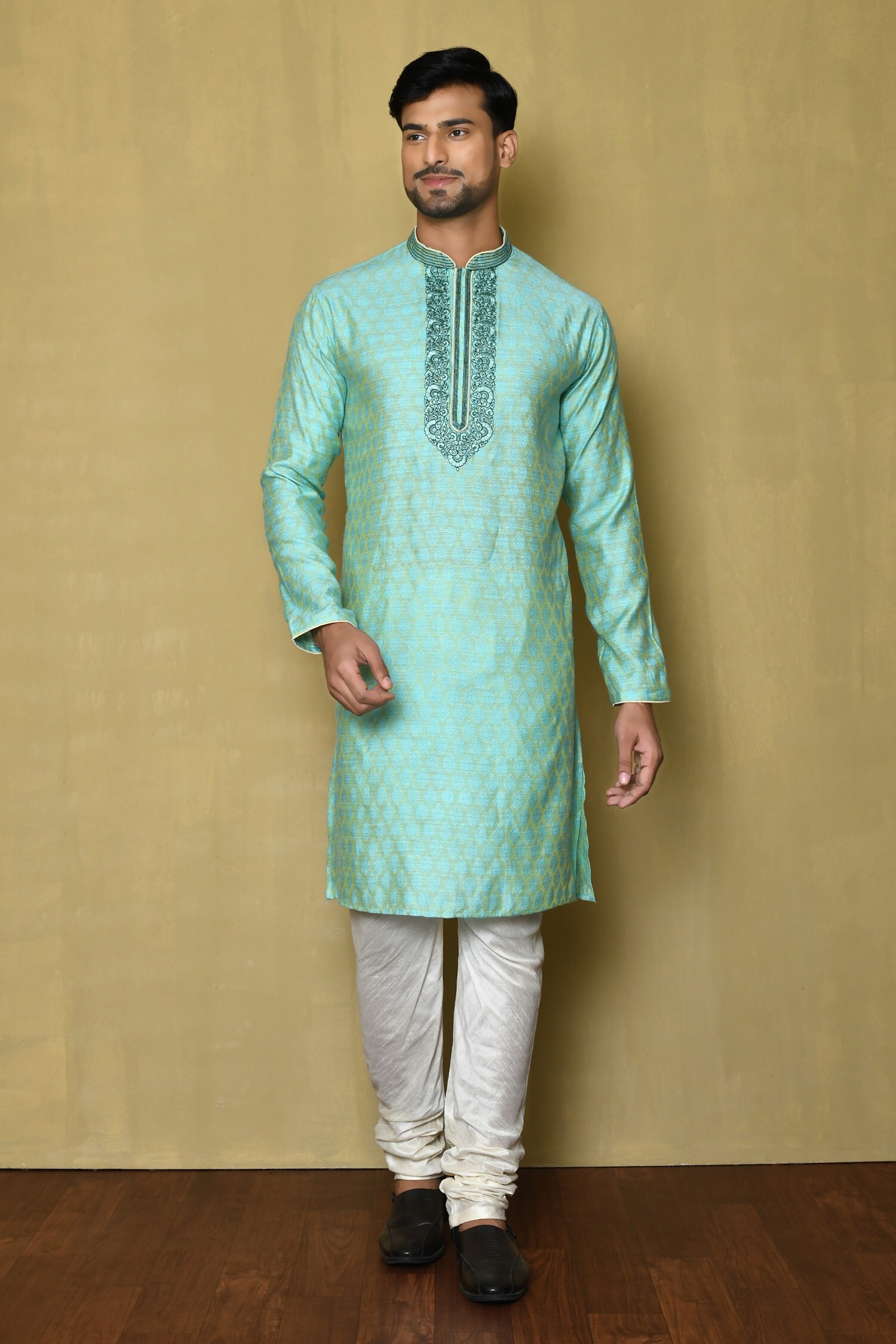 Buy Green Banarasi Jamewar Woven Floral Scatter Kurta And Churidar For ...