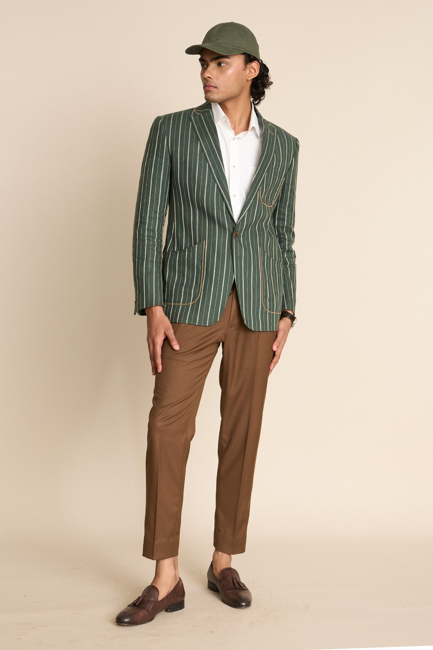 Buy Gargee Designers Green Striped Pattern Linen Blazer Online | Aza ...
