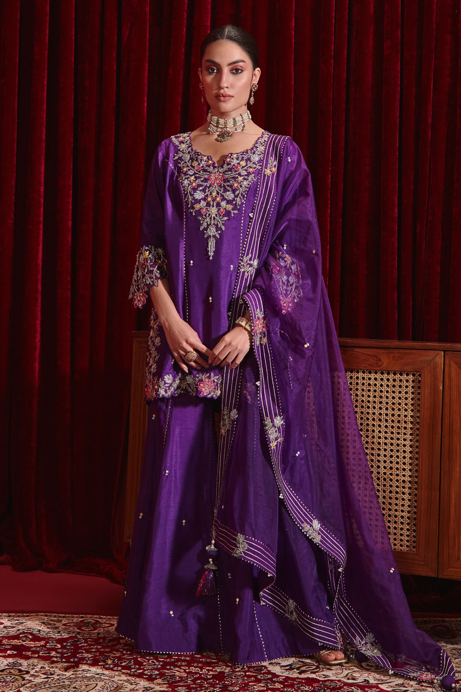 Buy Purple Dupion Silk And Organza Embroidered Floral Patterns Manu ...