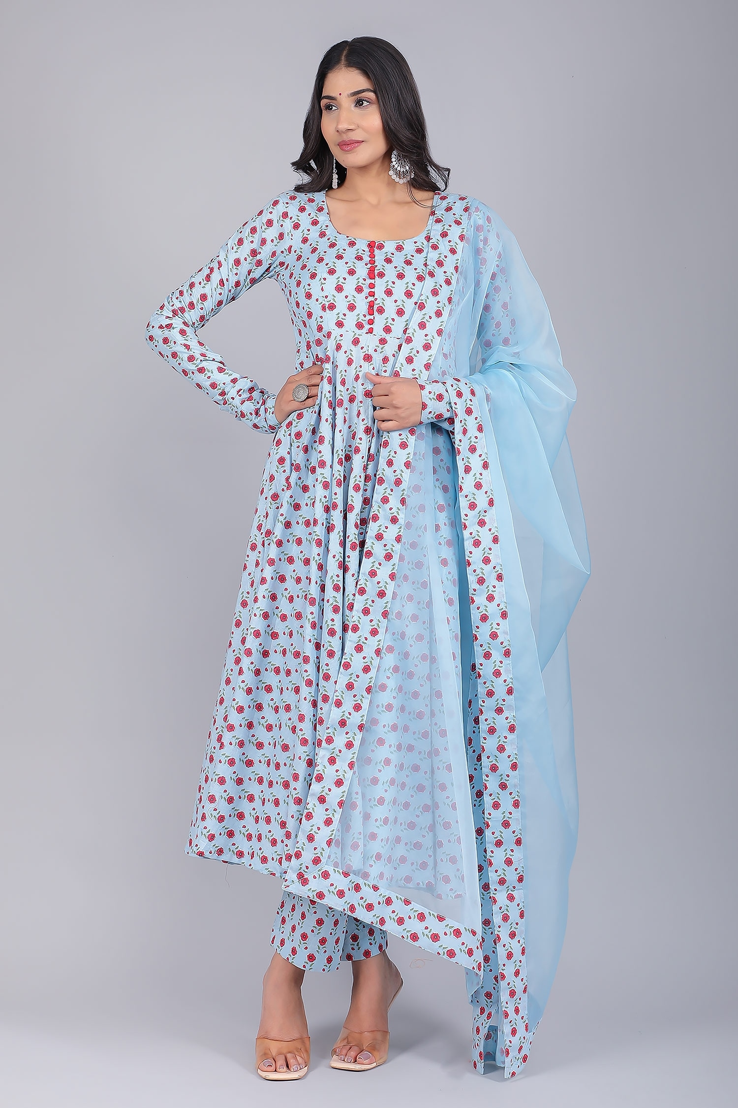 Buy Blue Anarkali And Pant Cotton & Dupatta Organza Print Sara Set For ...