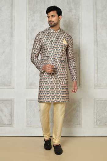 Buy Multi Color Cotton Silk Print Floral Motif Flower Bundi Kurta Set ...