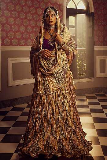 Buy Pink Lehenga And Dupatta: Metallic Tissue Textured Round Chevron ...