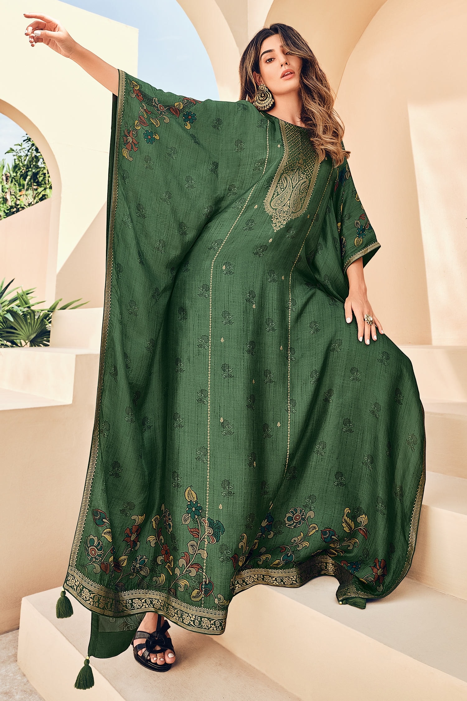 Buy Label Varsha Green Printed Kaftan And Pant Set Online | Aza Fashions