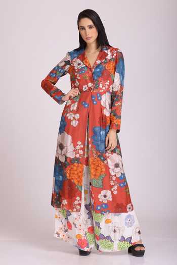Buy Alpona Designs Brown Cotton Silk Floral Print Jacket And Palazzo ...