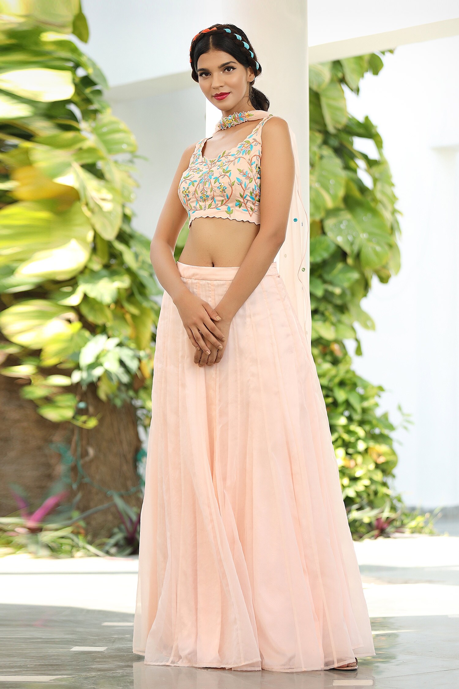 Buy Peach Blouse Satin Embroidery Floral Scoop Flower And Lehenga Set ...