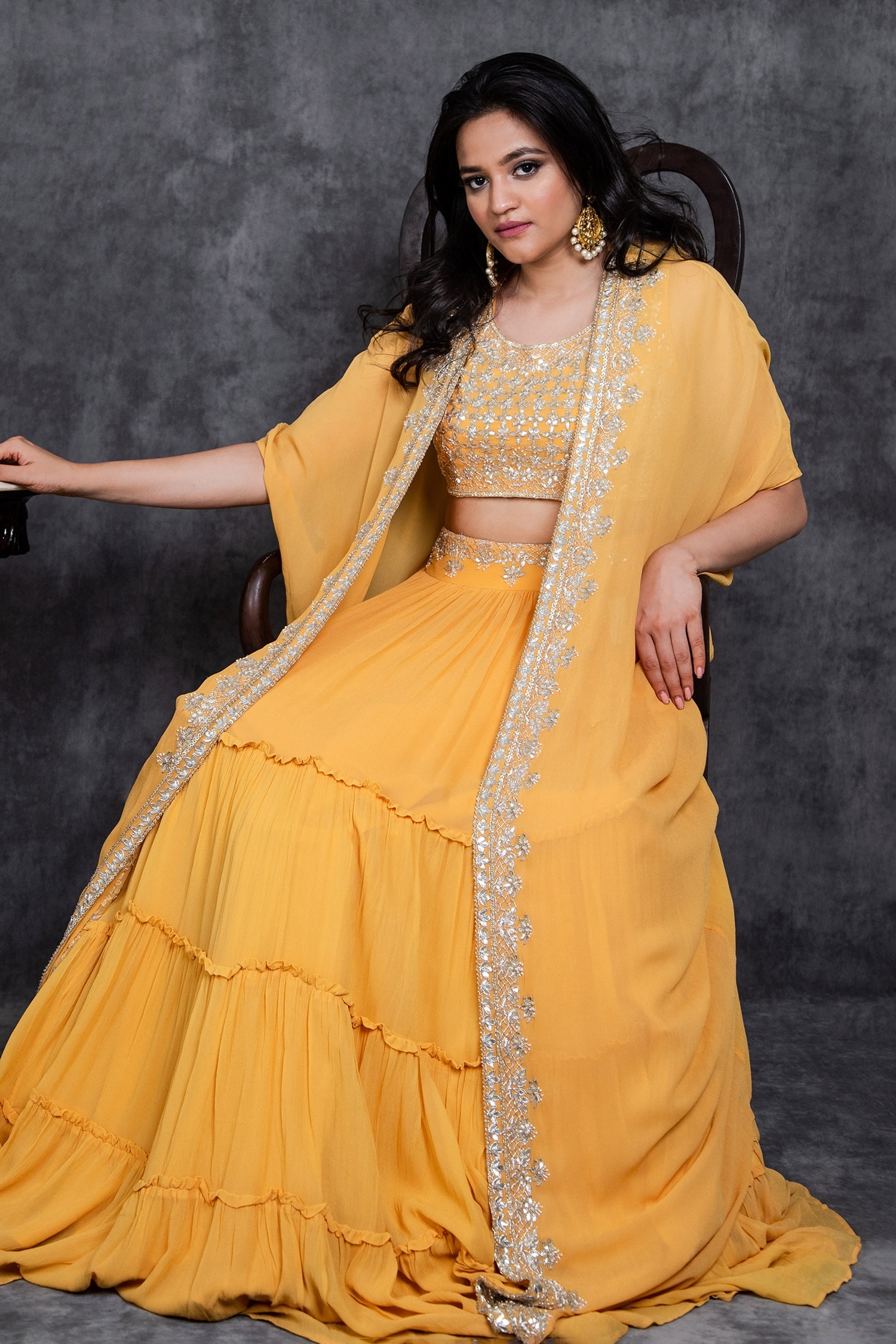 Buy Yellow Viscose Georgette Embroidery Placket Cape Tiered Lehenga Set ...