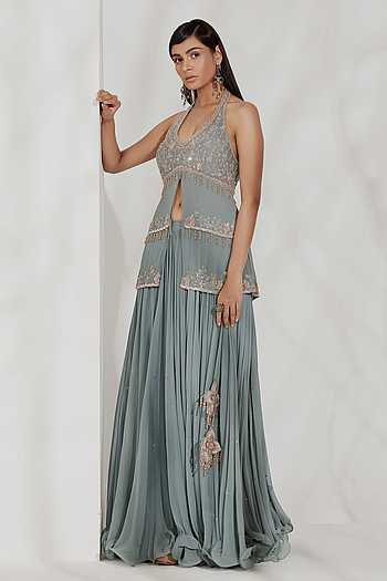Buy Green Georgette And Net Embellished Couture Halter Peplum & Skirt ...