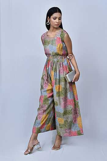 Buy Multi Color Cotton Silk Embroidered Abstract Round Pattern Jumpsuit ...