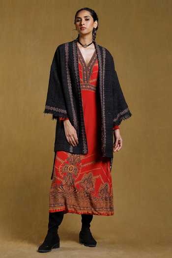 Buy Black Cotton Bookley Embroidery Thread Open Border Shrug For Women ...