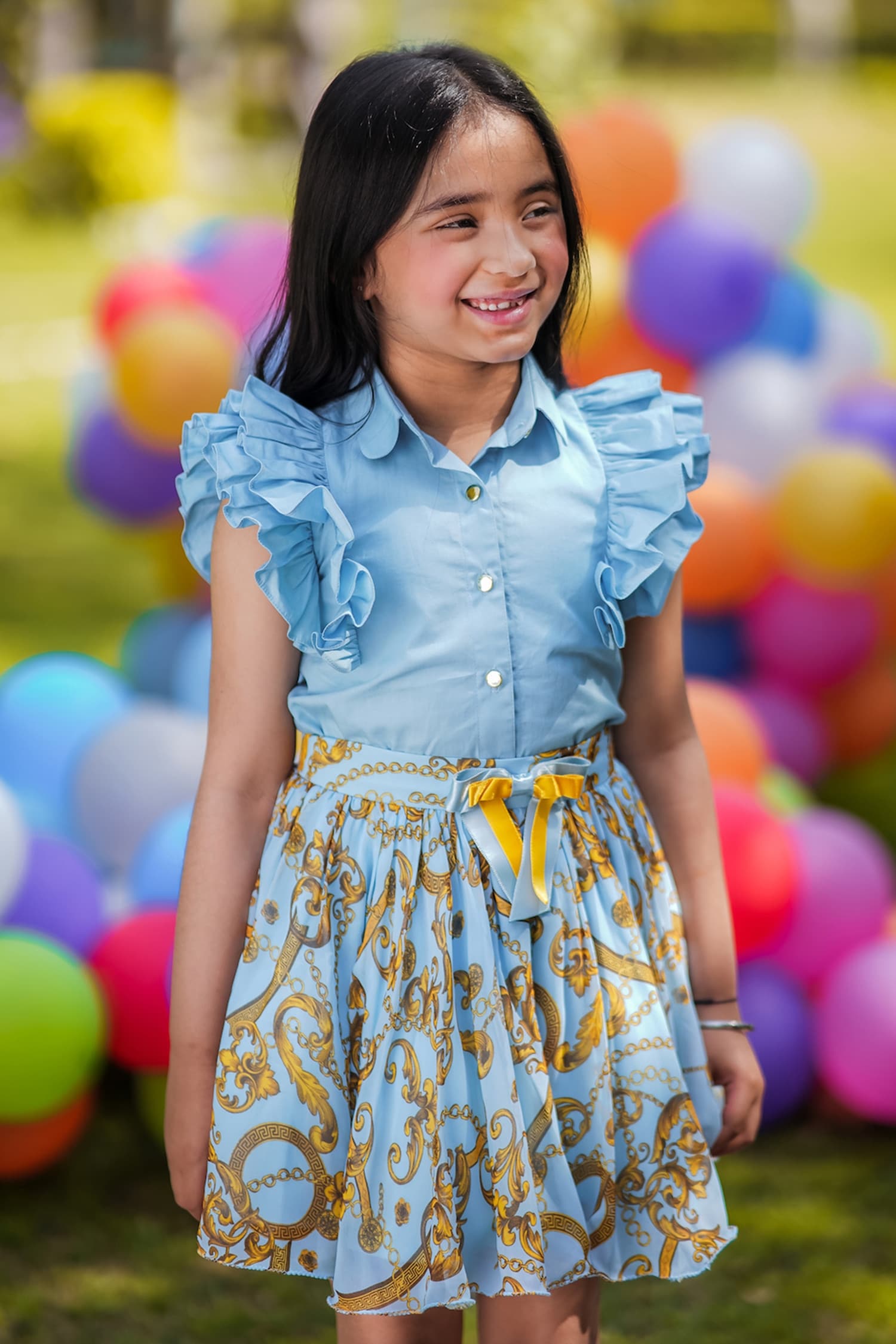 Buy Blue Cotton Printed Digital Solid Blouse And Skirt For Girls by The ...