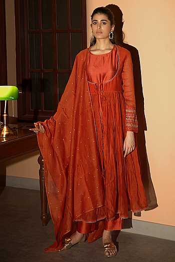 Buy Orange Chanderi Embroidery Zari Round Resham Angrakha Set For Women ...