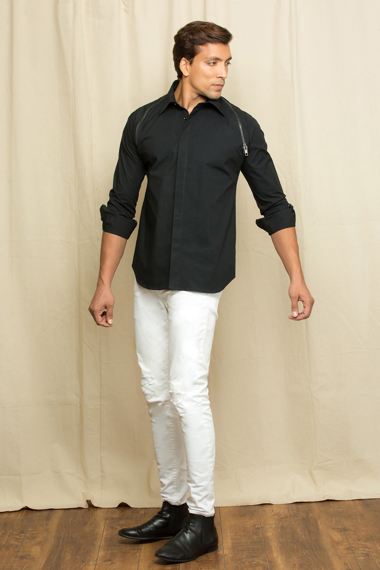 Buy Black Cotton Blend Plain Zipper Detailed Shirt For Men by Echke ...