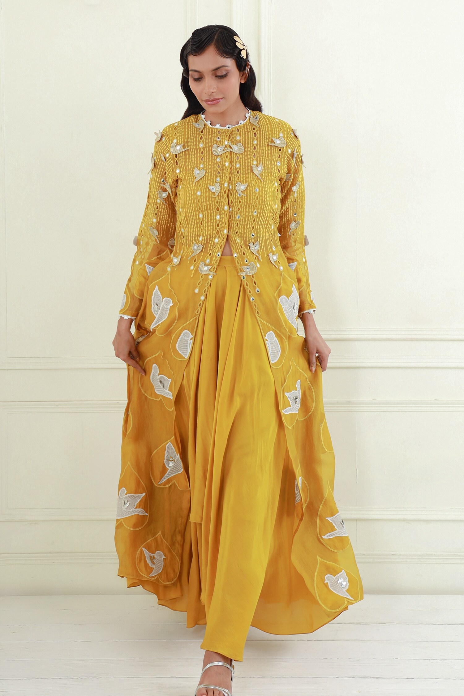 Buy Gold Silk Embroidered Resham Thread Round A-line Jacket Skirt Set ...