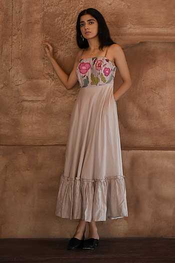 Buy Grey Chanderi Silk Printed And Embroidered Floral Pearl Tiered ...