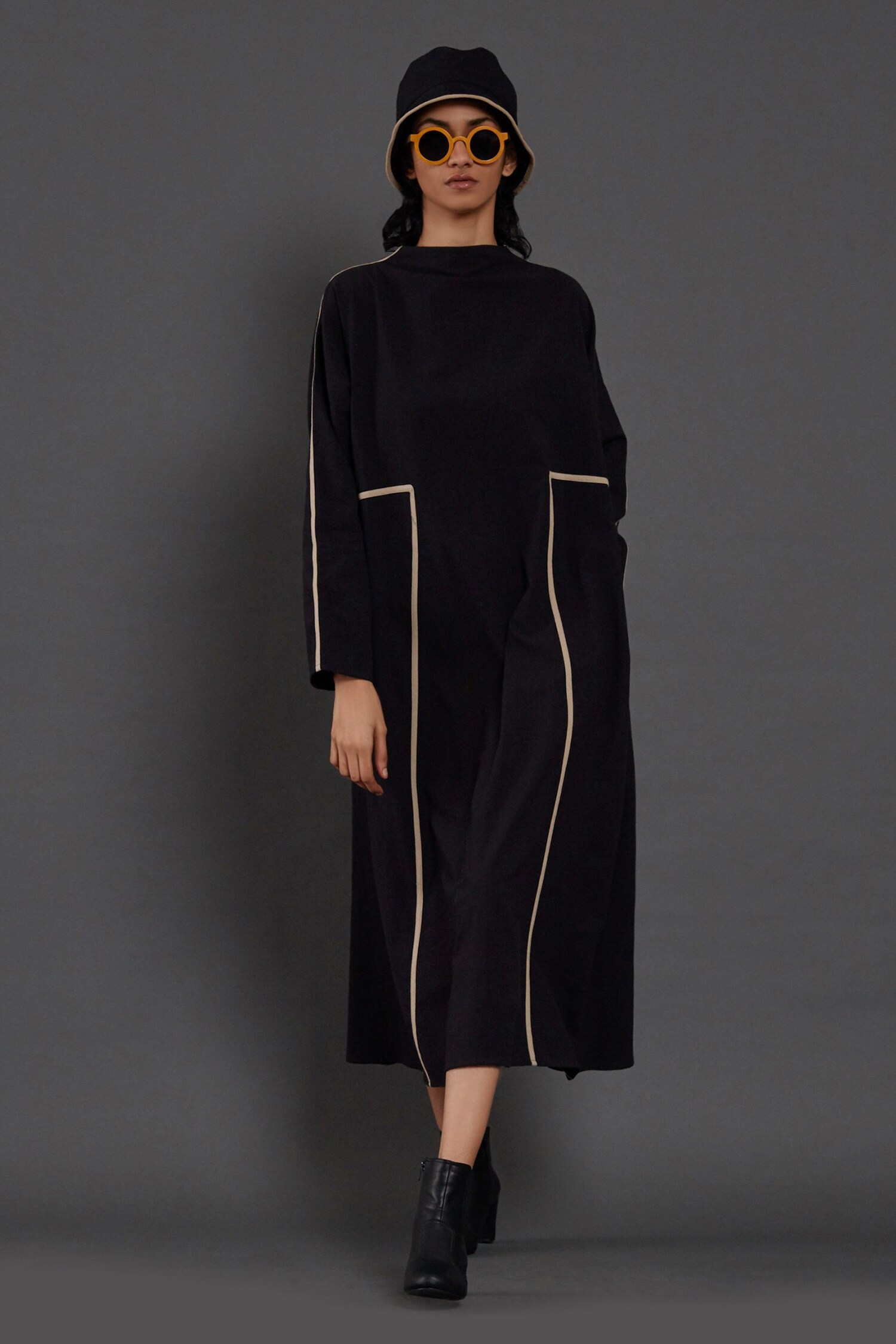 Buy Black 100% Cotton Solid High Neck Piping Dress For Women by Mati ...