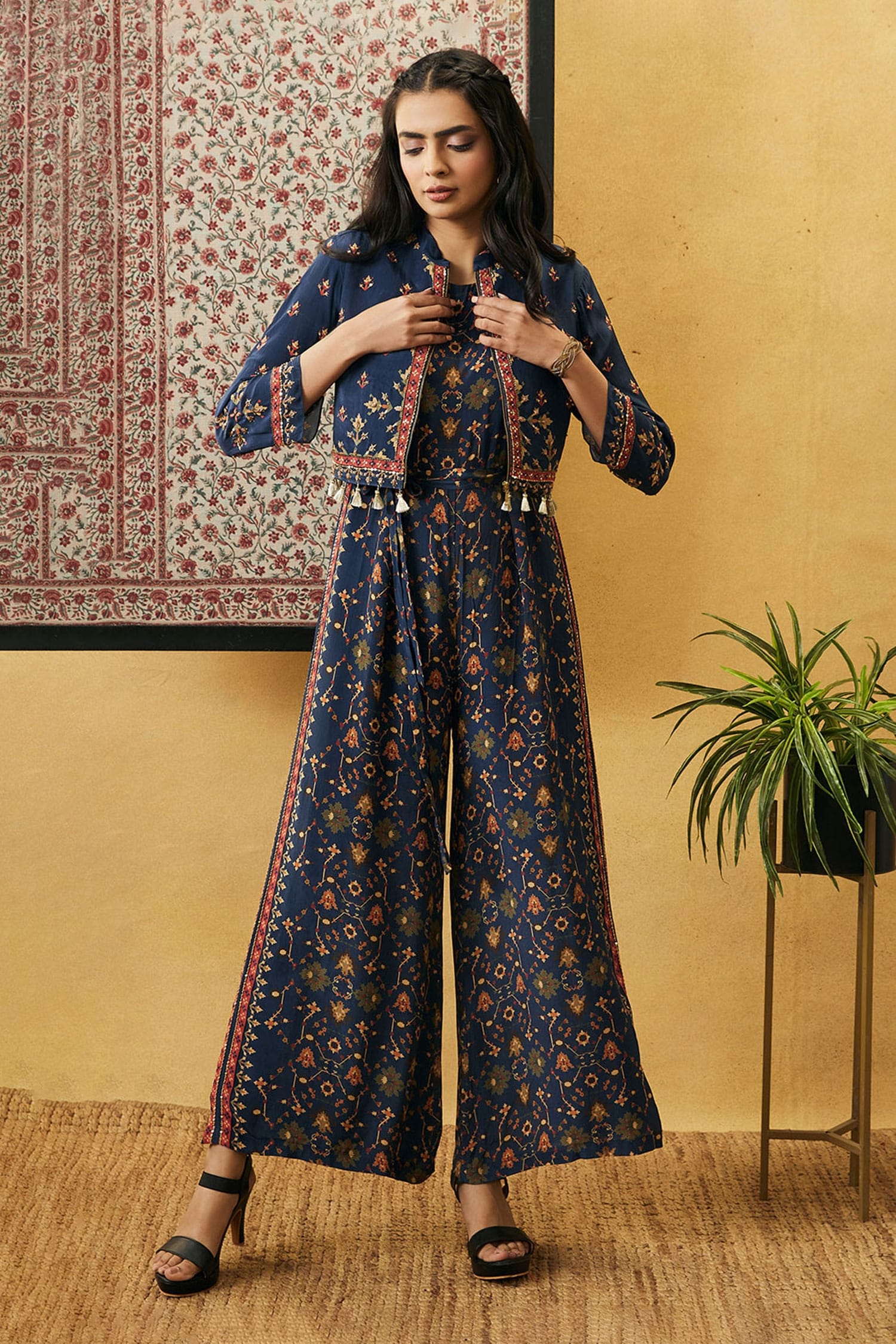 Buy Blue Crepe Printed Floral Jumpsuit Straight Zahra With Jacket For ...