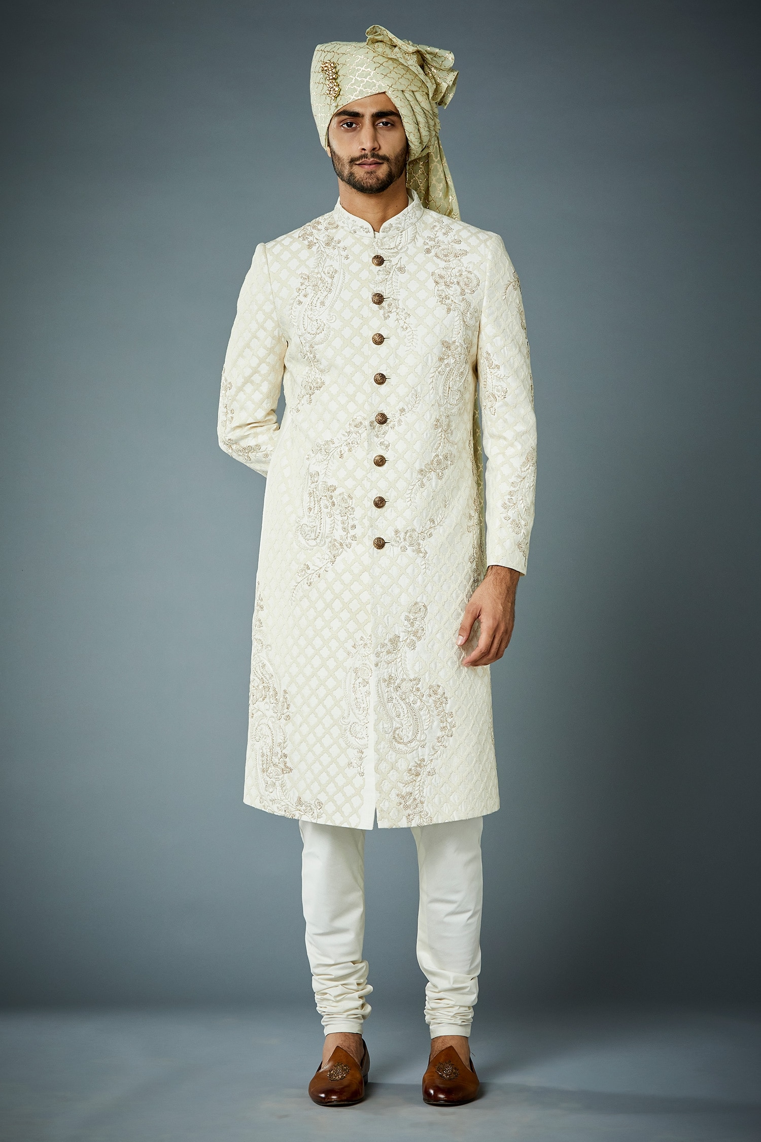Buy Ivory Sherwani: Poly Viscose Embroidery Unconventional Tonal Set ...