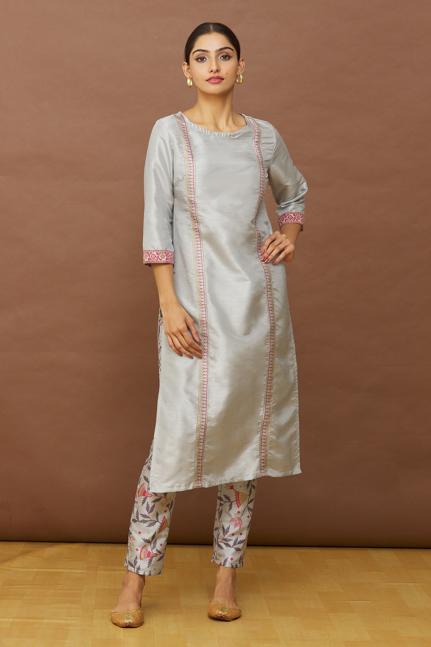 Buy Naintara Bajaj Grey Poly Silk Floral Print Border Kurta With Pant ...