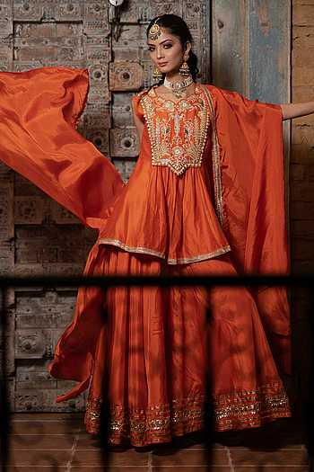 Buy Orange Chanderi Embroidery Zari Cape Open Placket Palazzo Set For ...