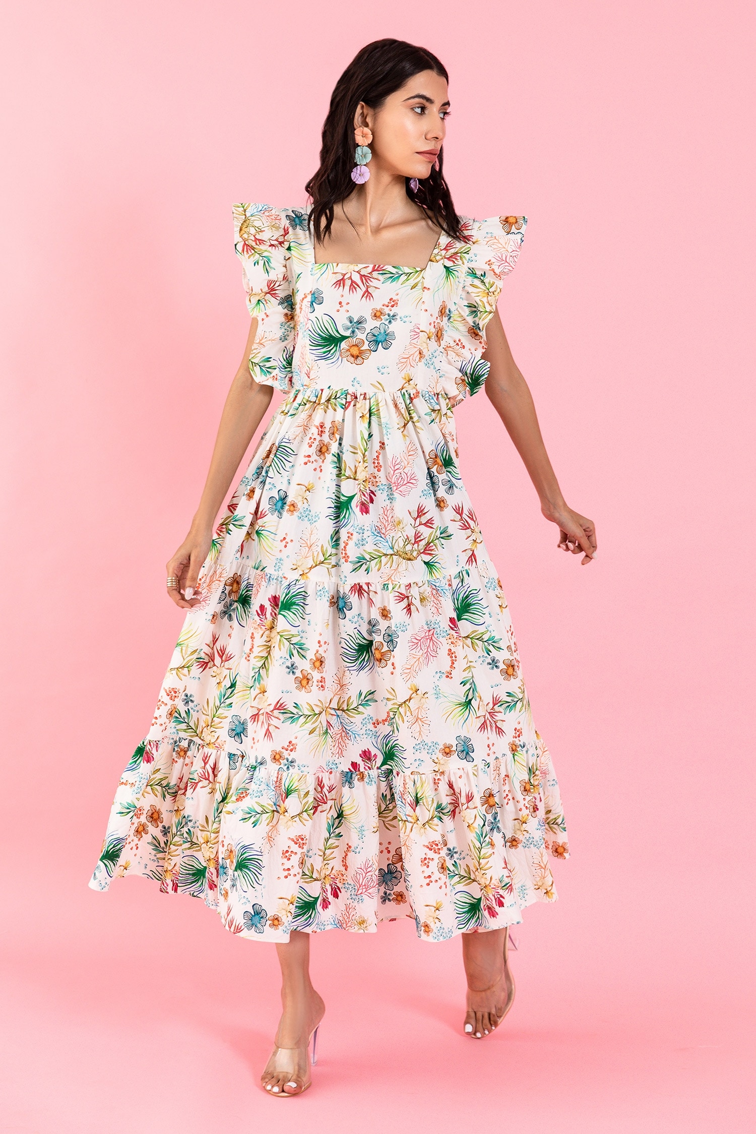 Buy Multi Color Organic Cotton Printed Yarrow Square Haven Ruffle Dress ...