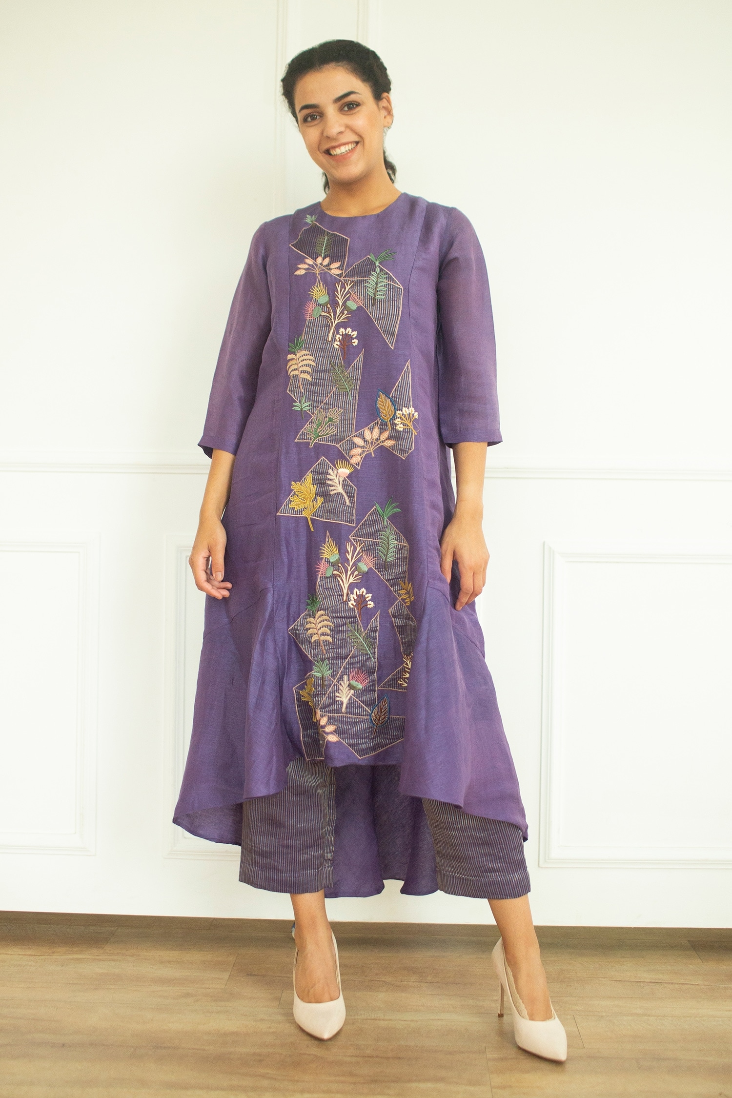 Buy Purple Tunic : Handloom Linen Silk Embroidered Floral And Pant Set ...