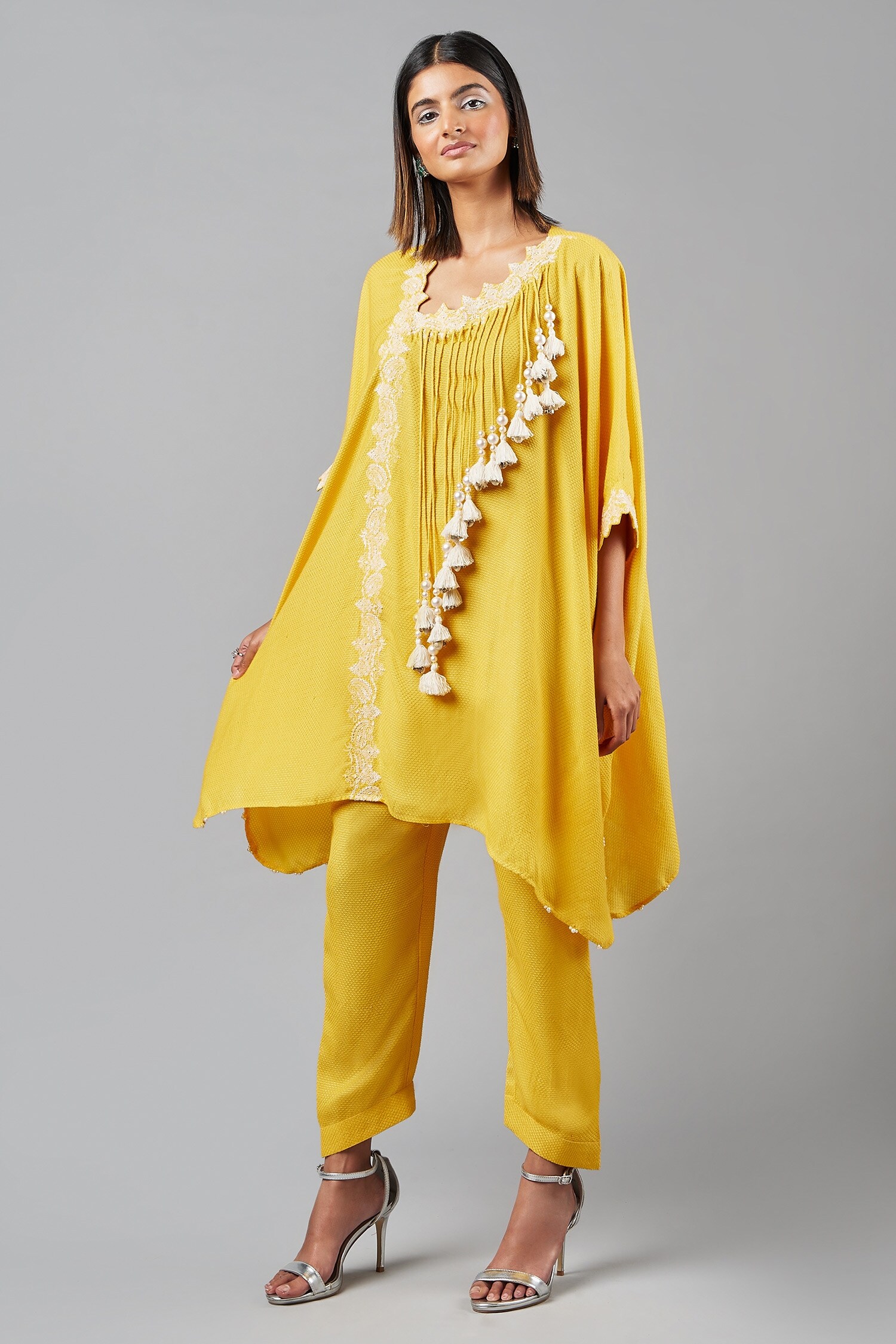 Buy Yellow Rayon Flex Embroidery Paisley Draped Kaftan With Pant For ...