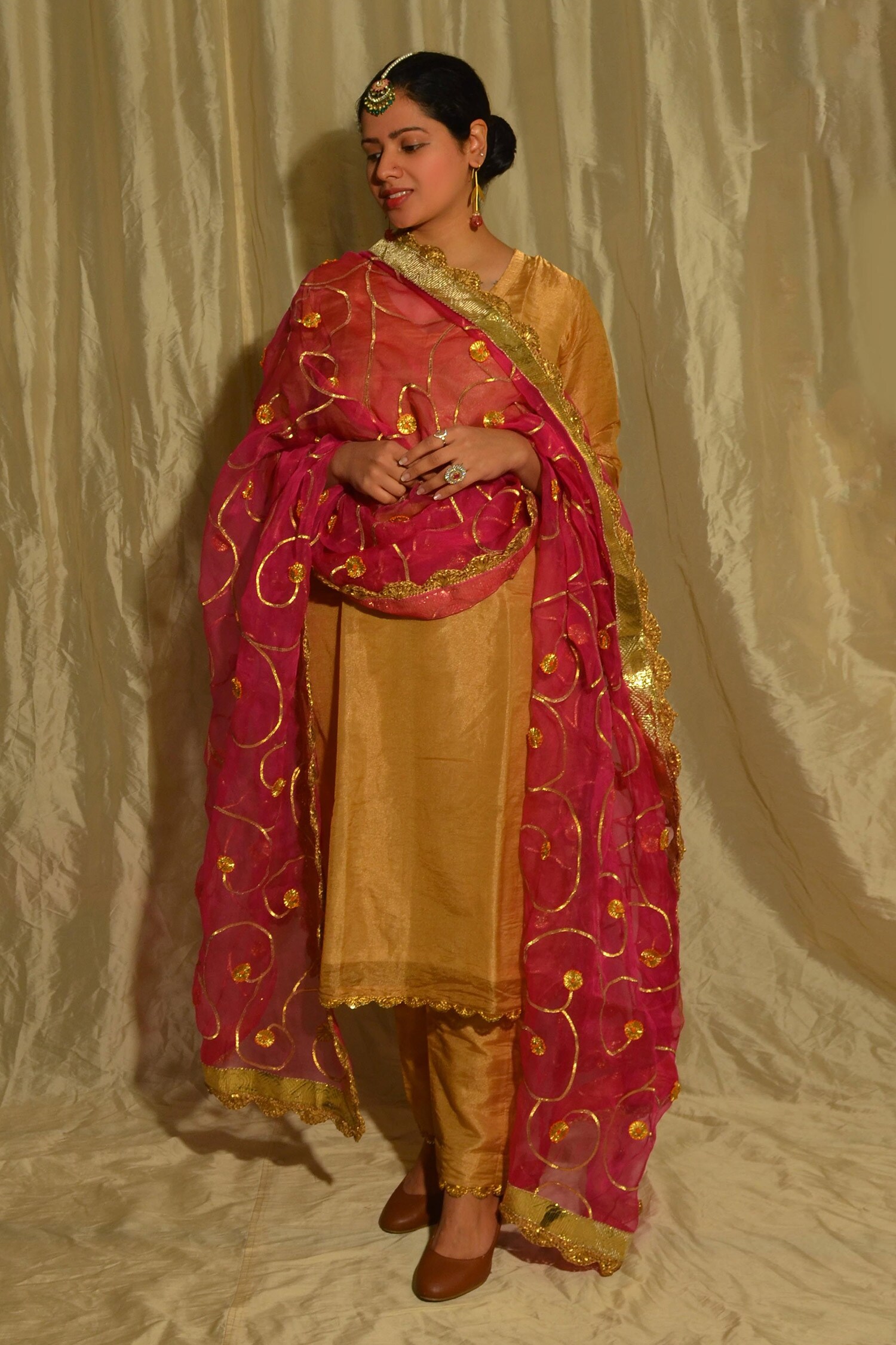 Buy Gold Tissue Embroidery Gota Work Straight Kurta Set With Dupatta ...