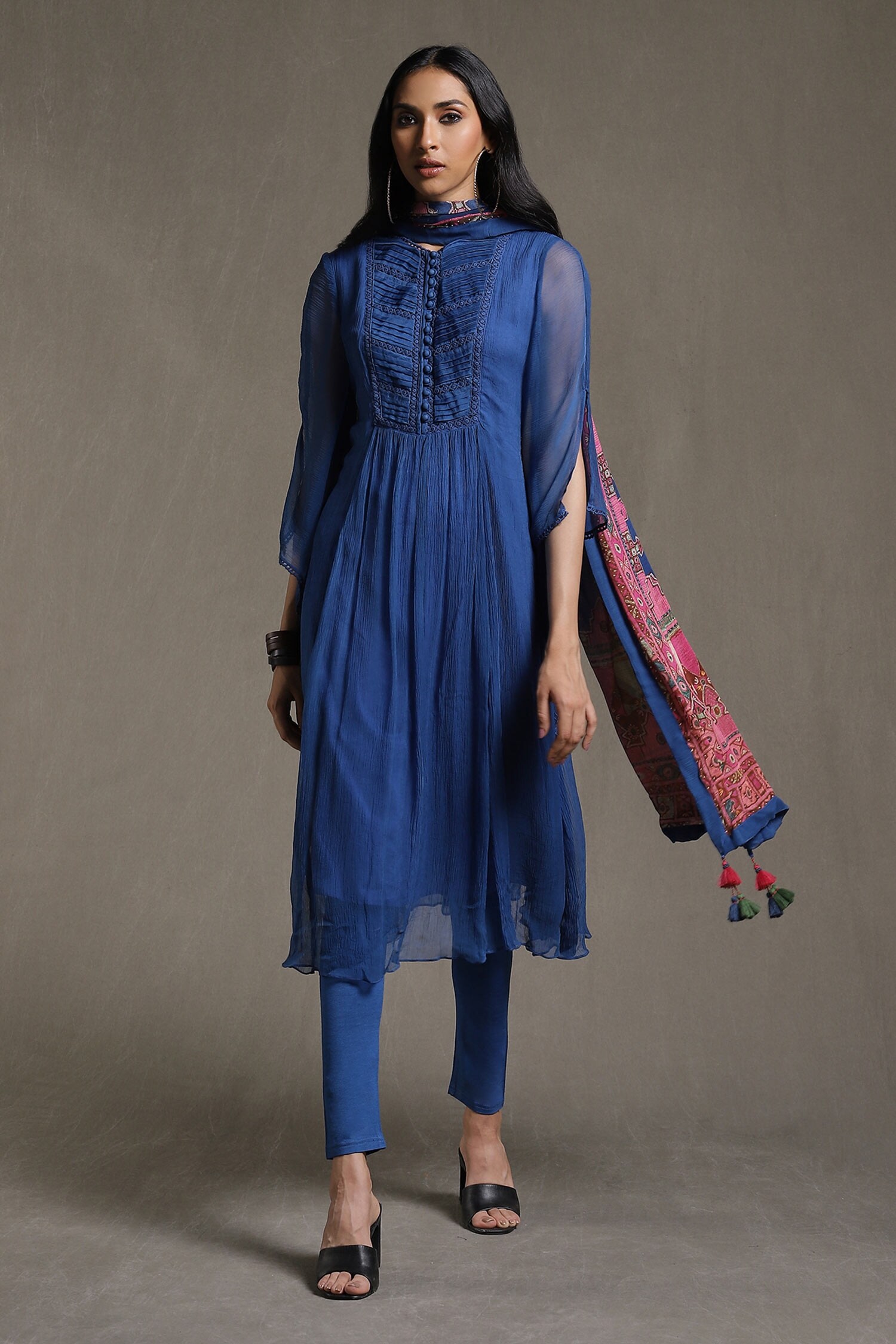 Buy Ritu Kumar Blue Kurta Gathered Anarkali Set Online | Aza Fashions