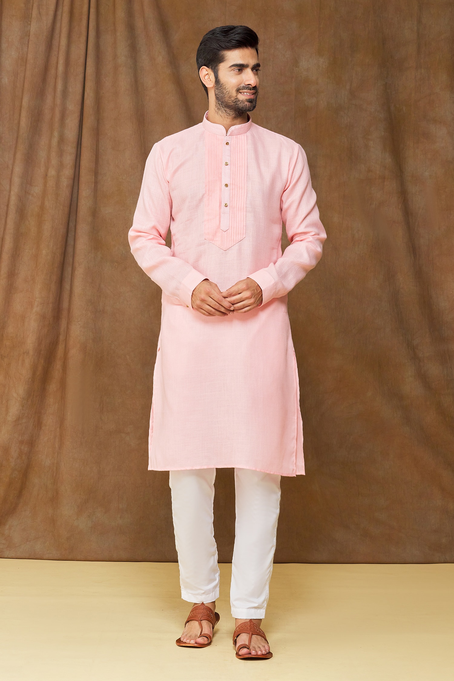 Buy Pink Kurta Premium Linen Cotton Pintuck Bodice Set For Men by ...