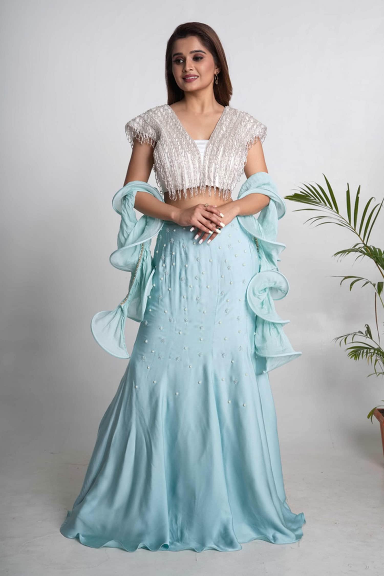 Buy Merge Design Blue Crepe Fish-cut Lehenga Set Online | Aza Fashions