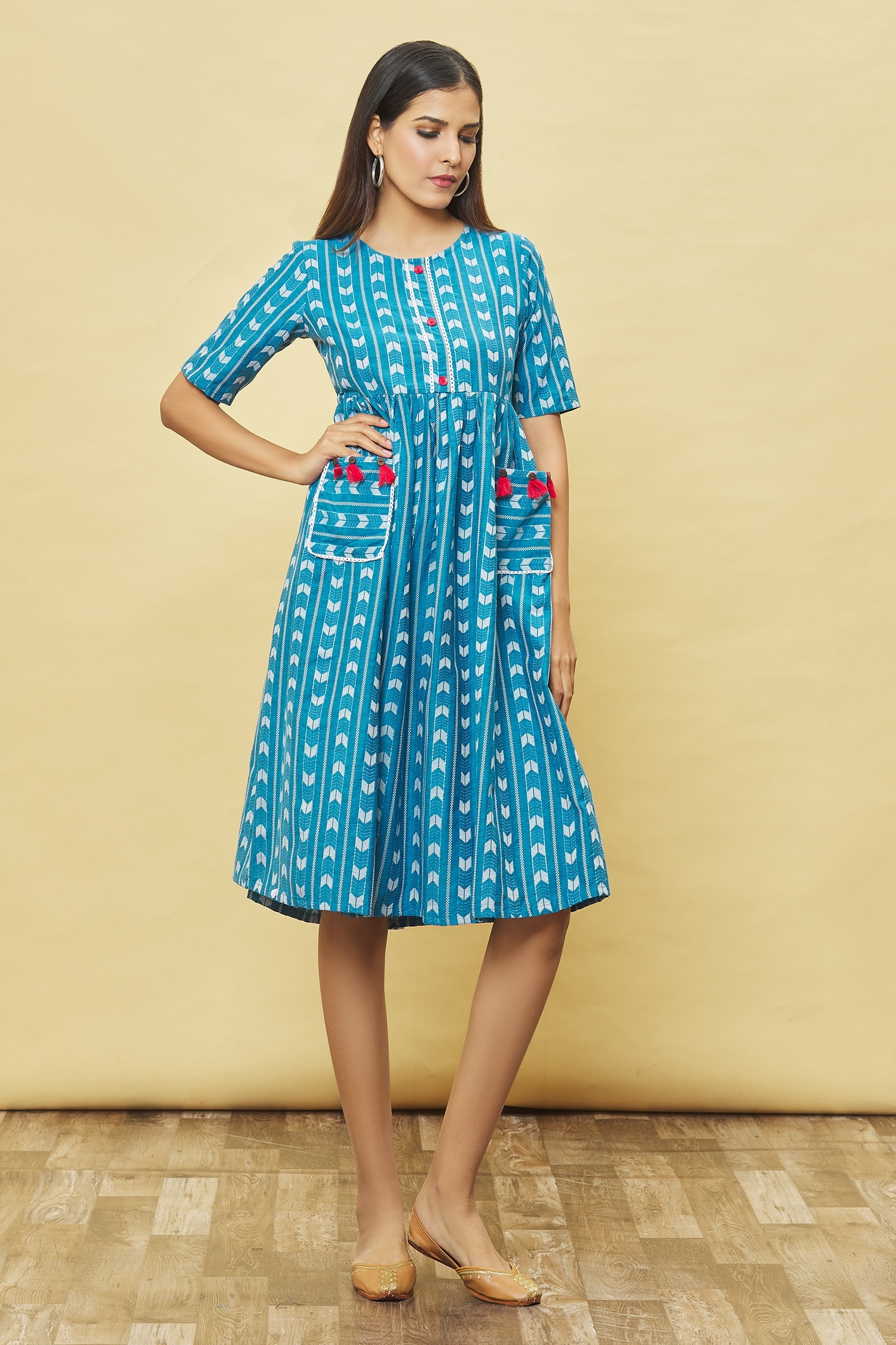 Buy Blue Cotton Blend Printed Chevron Round Dress For Women by Samyukta ...