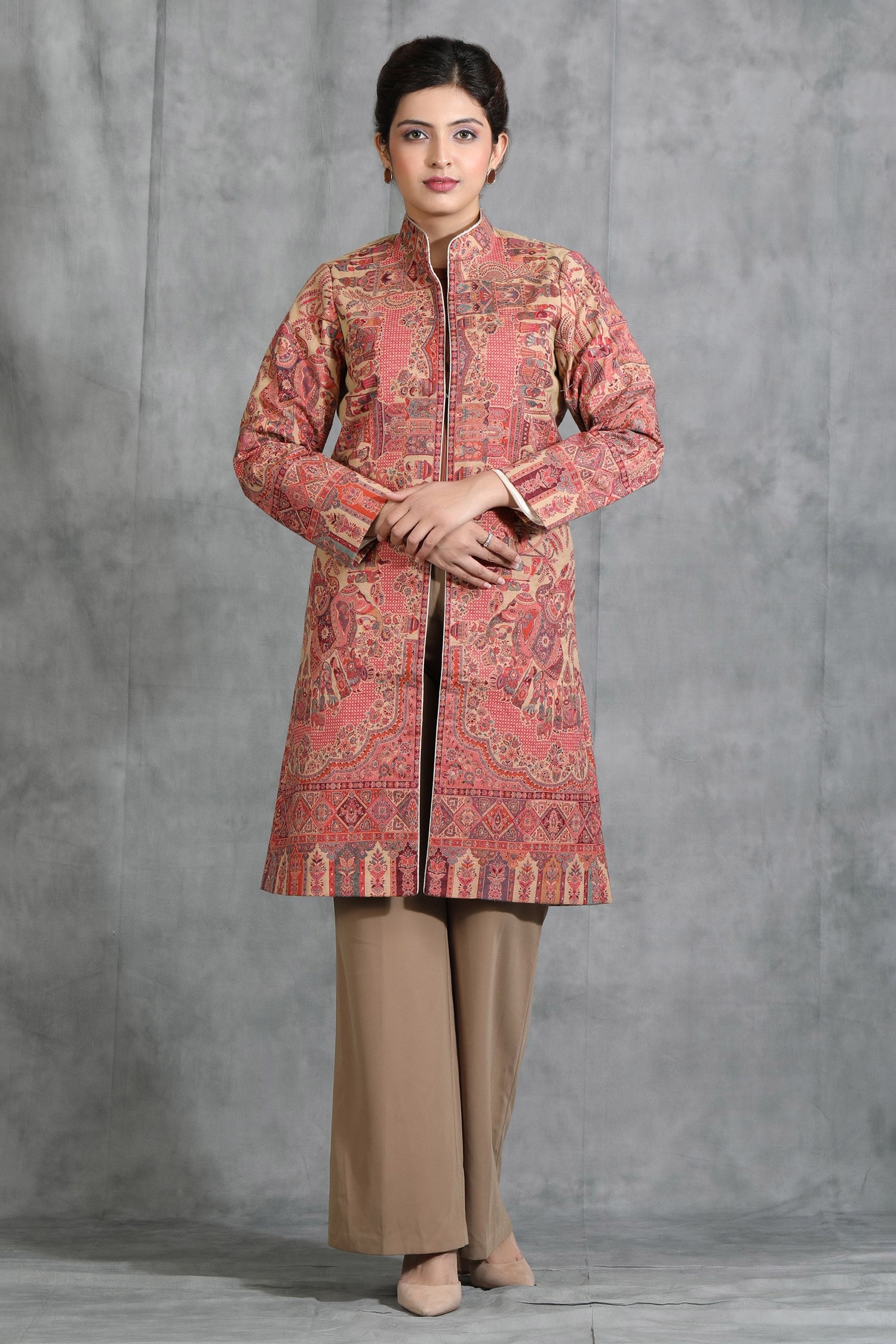 Buy Red Pashmina Hand Woven Thread Collar Royal Palace Long Jacket For ...