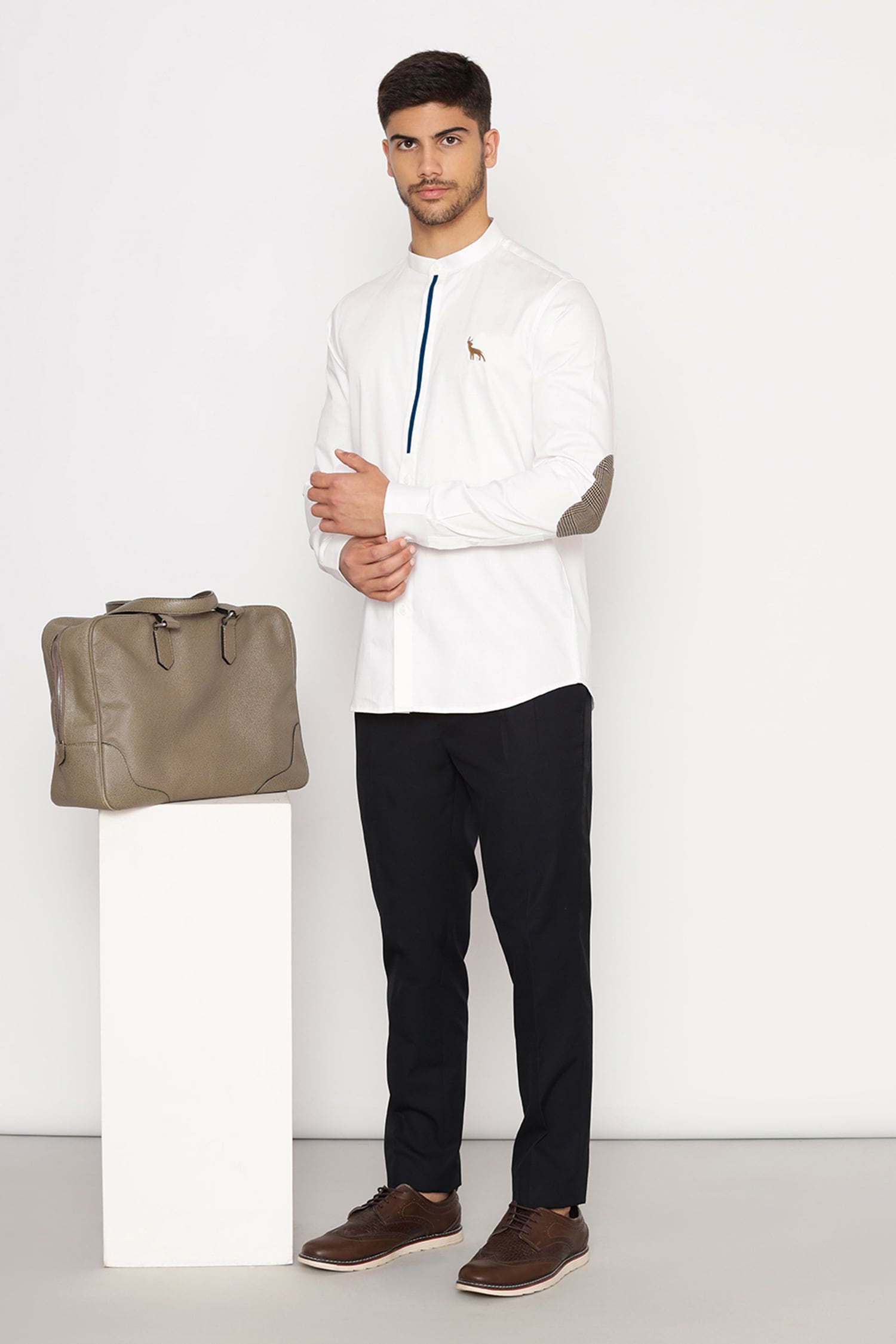 Buy White 100% Cotton Embroidery Antler Motif James Shirt For Men by ...