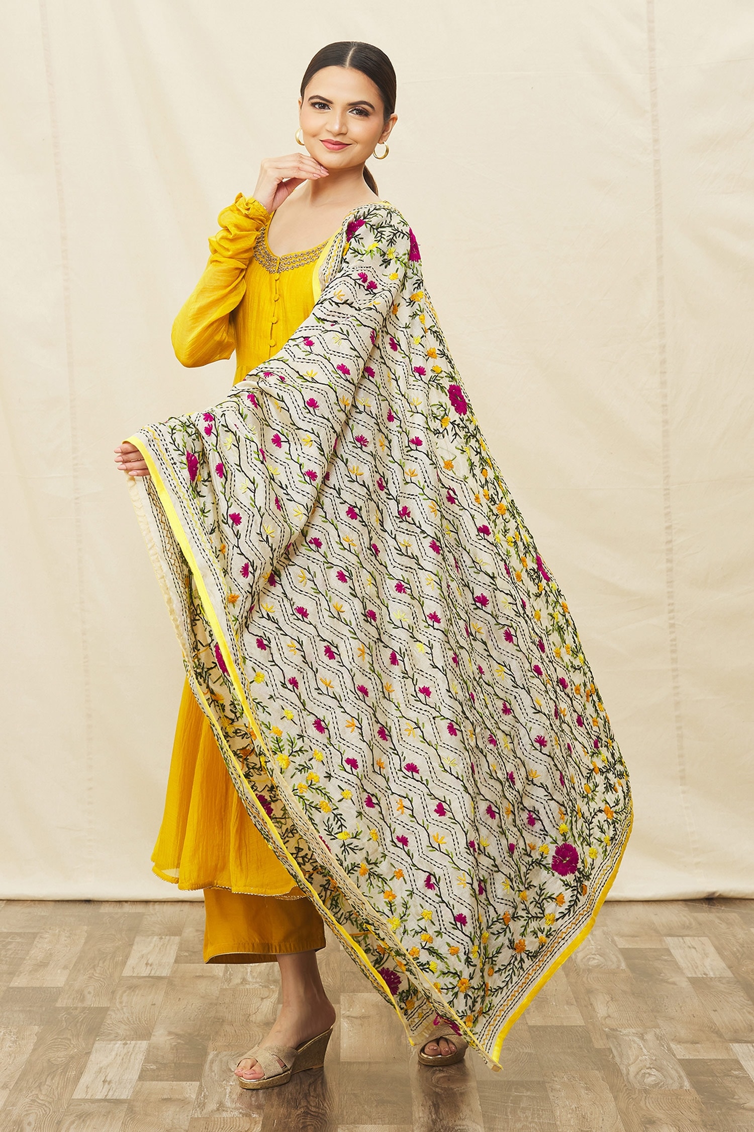 Buy Multi Color Silk Embroidered Phulkari Botanical Pattern Dupatta For ...