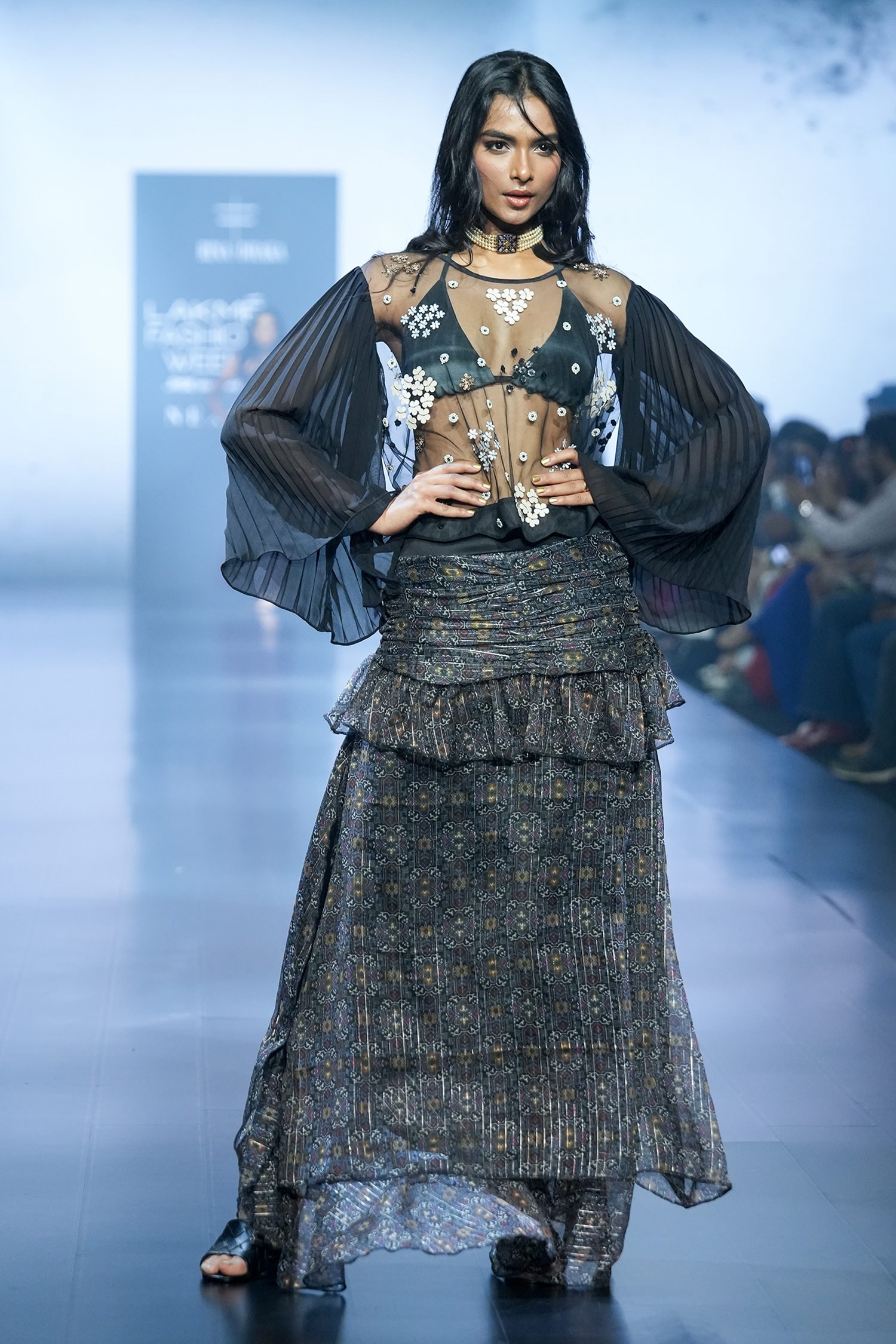 Buy Rina Dhaka Black Lurex Silk Chiffon Sheer Top And Printed Skirt Set Online | Aza Fashions