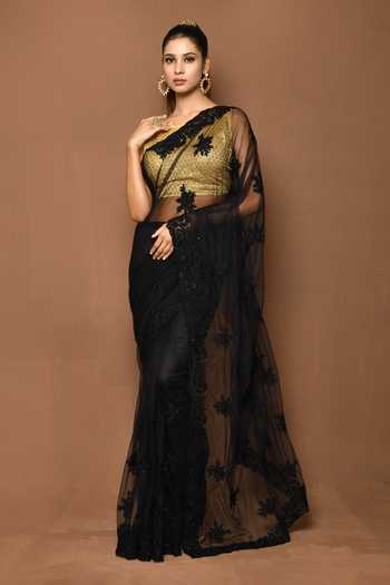 Buy Black Net Embroidered Floral Floret Scallop Hem Saree For Women by ...