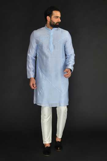 Buy Blue Vis Silk And Spun Lining 100% Full Sleeve Kurta Set For Men by ...