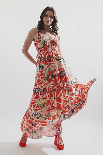 Buy Red Silk Printed Abstract U Neck Liana Dress For Women by Cin Cin ...