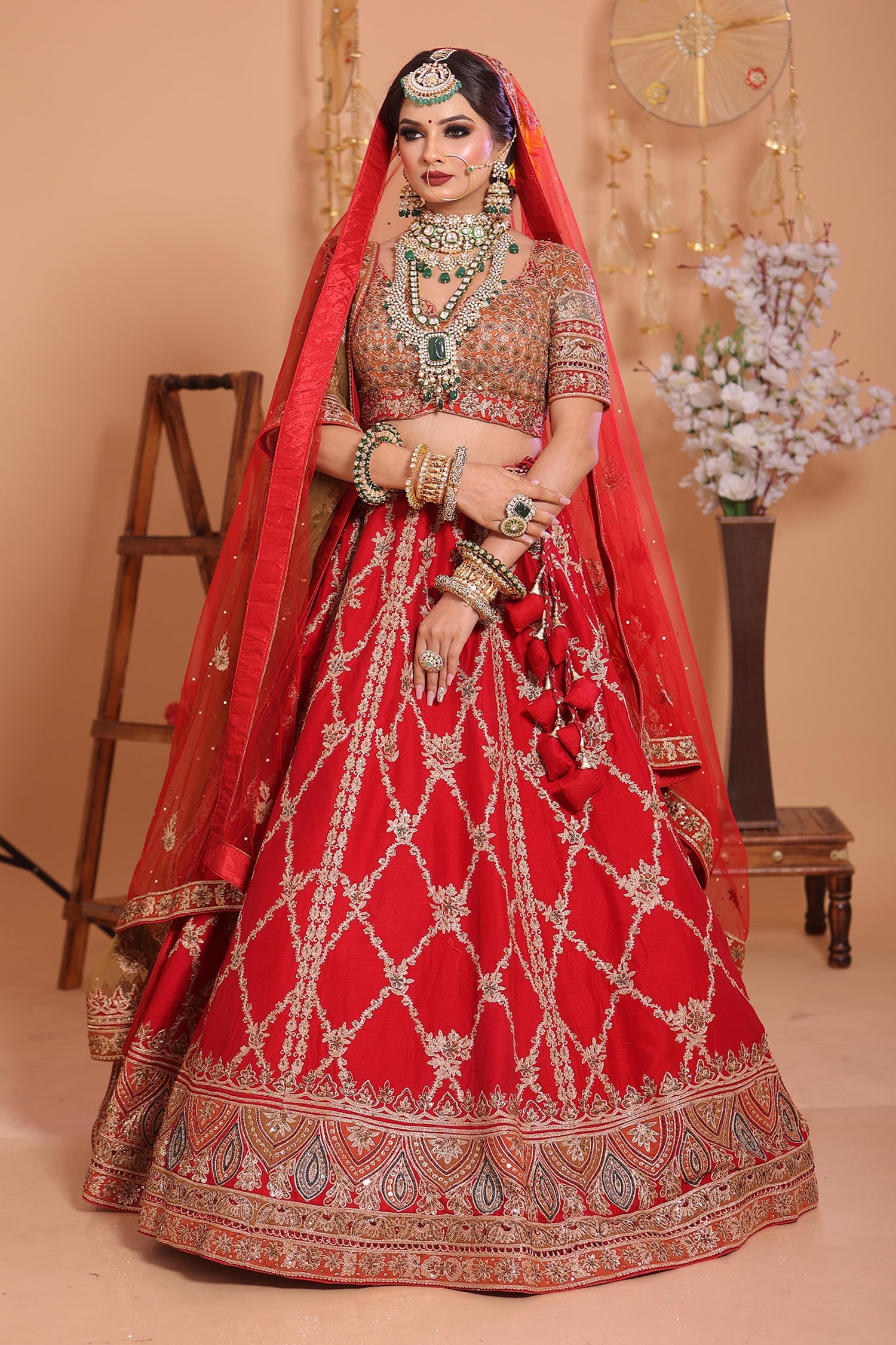 Buy Red Net Embroidery Floral Notched Bridal Lehenga Set For Women by ...