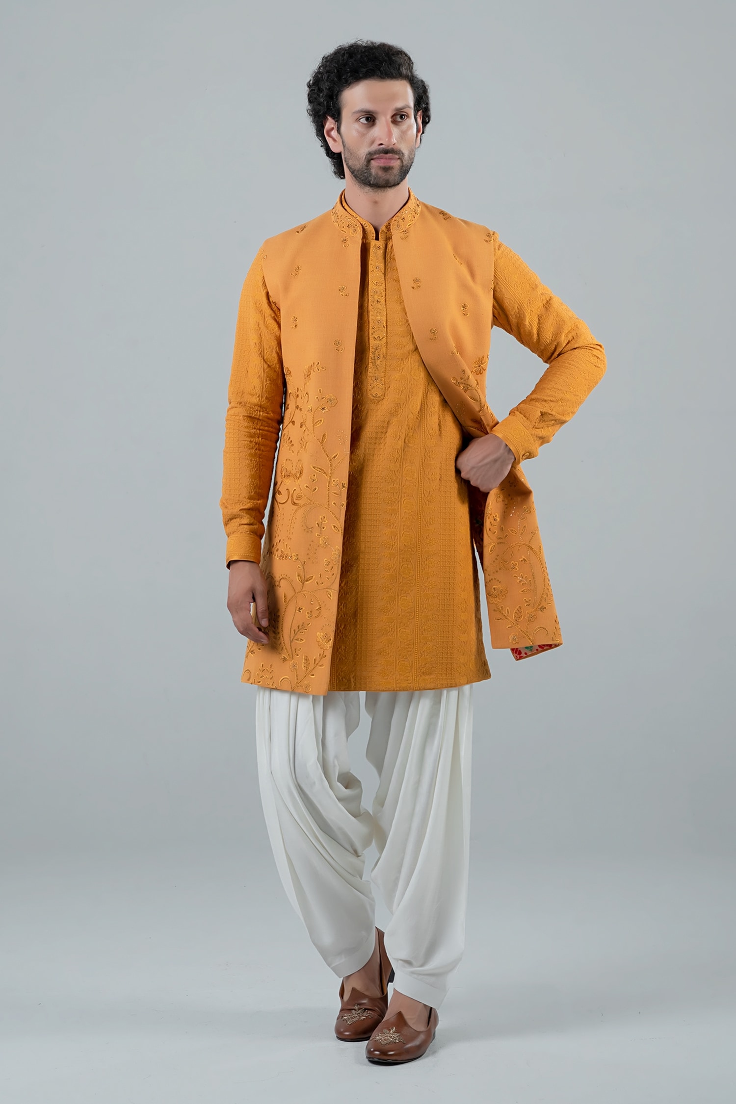 Buy Yellow Matka Silk Embroidery Floral Long Bundi And Kurta Set For ...