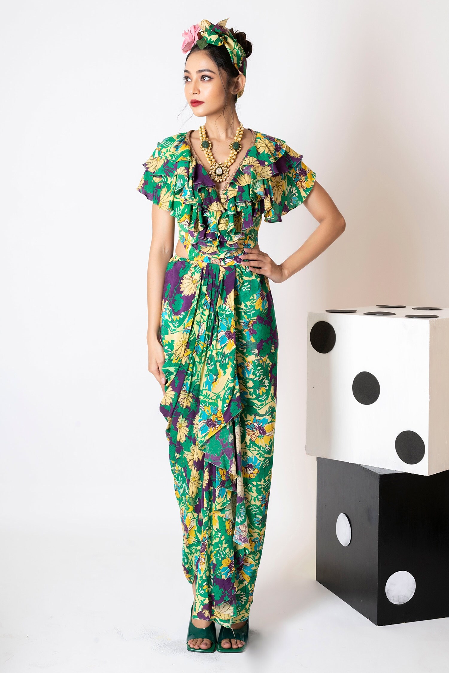 Buy PDS by SNEHA Green Crepe Floral Print Draped Dress Online | Aza ...