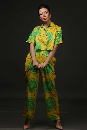 Buy Yellow Cotton Mandala And Cat City Resort Shirt & Pant Set For ...