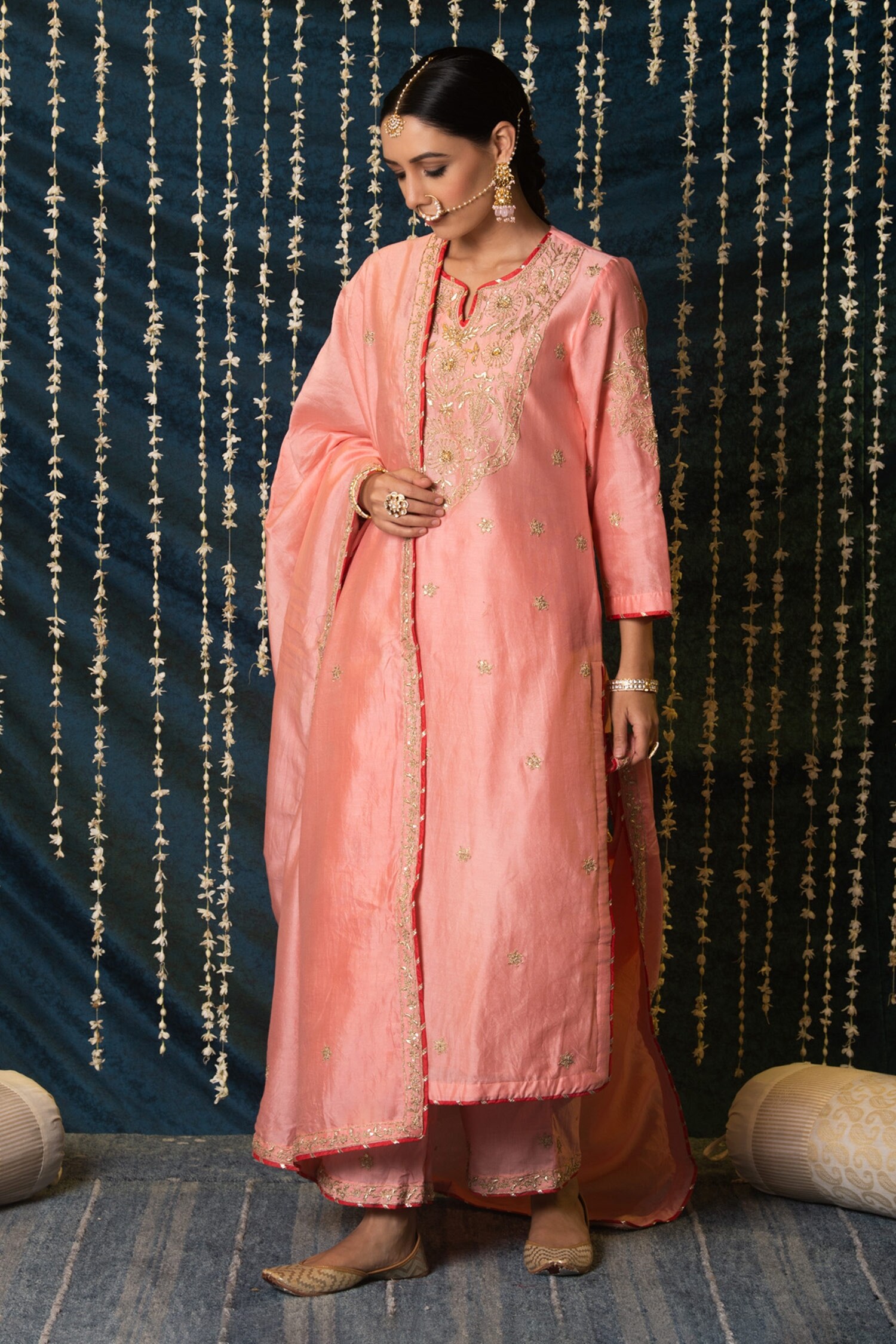 Buy Peach Kurta: Chanderi Silk Hand Embroidery Zardozi Kashi Set For Women by Maison Shefali ...