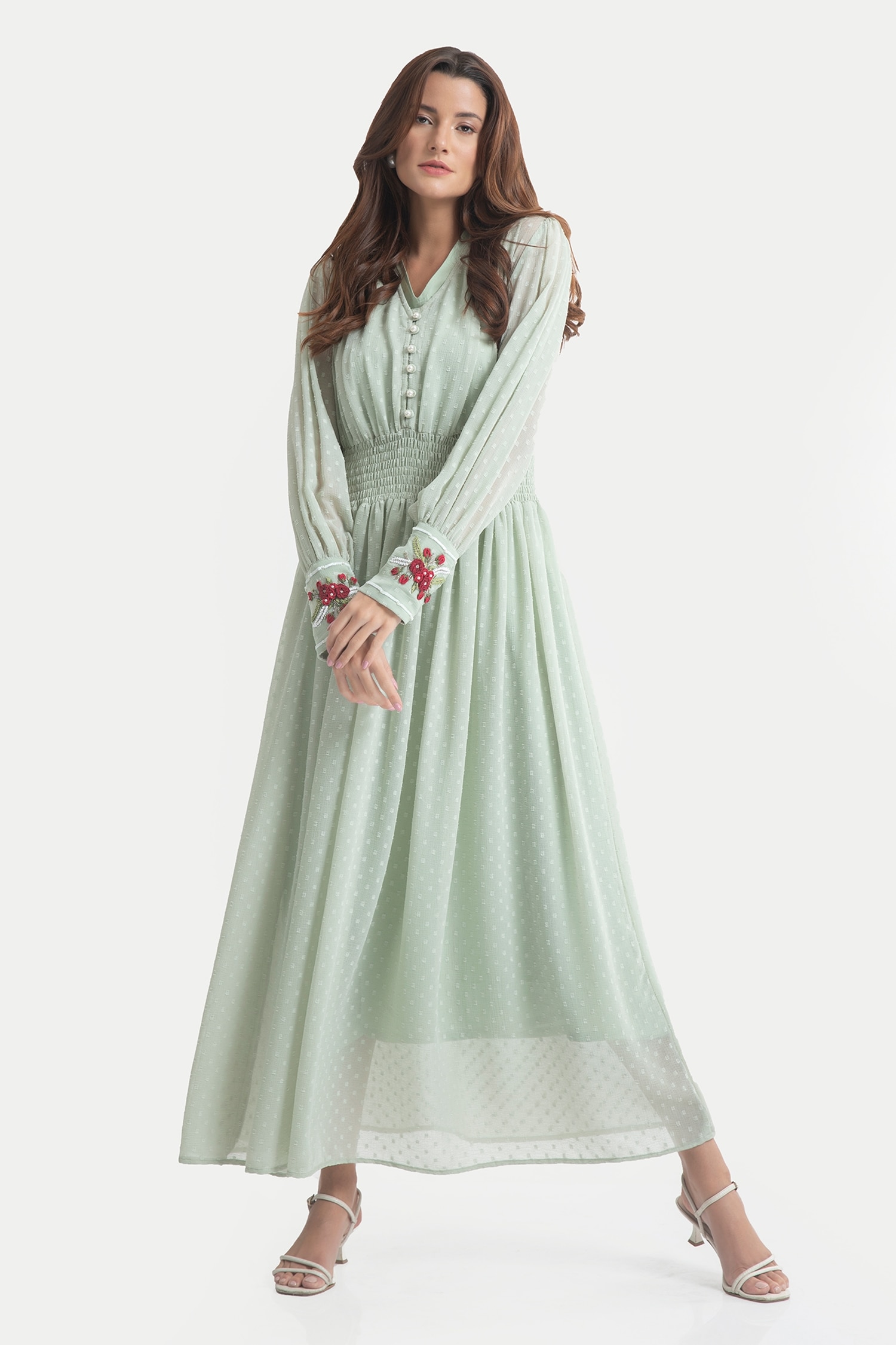 Buy Green Chiffon Dobby Embroidery Thread Work V Neck Bellrose Cuff ...